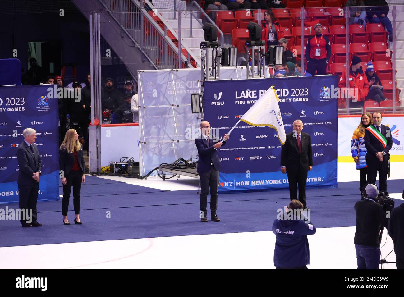 (L to R) Art Devlin, Ashley Walden, Leonz Eder FISU President, Lornezo ...