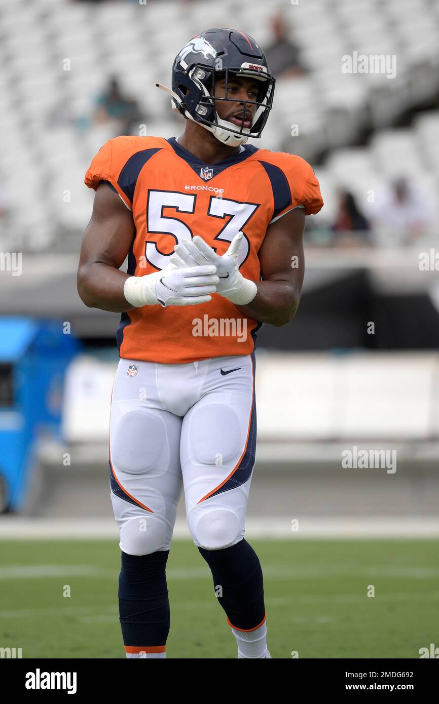 Denver Broncos linebacker Jonathon Cooper (53) warms up before an NFL ...