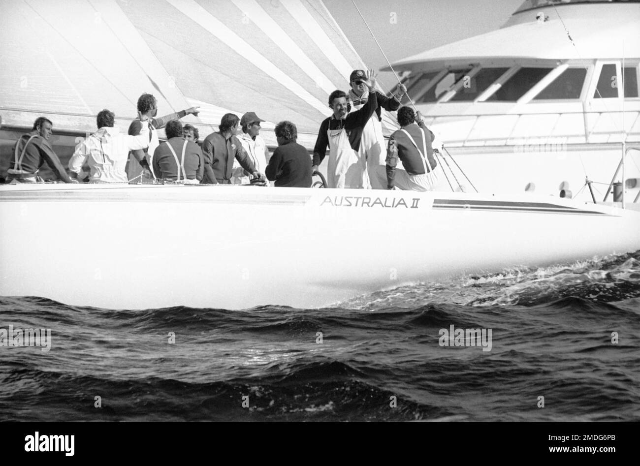 Australia II skipper John Bertrand waves to well-wishers as syndicate ...