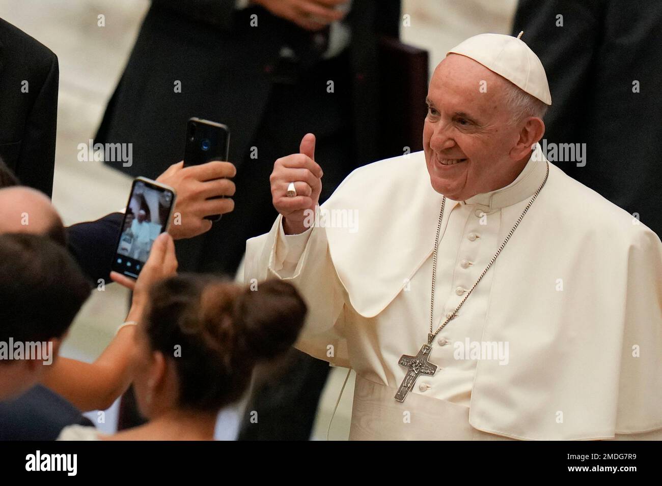 Pope Francis gives the thumbs up during his weekly general audience in ...
