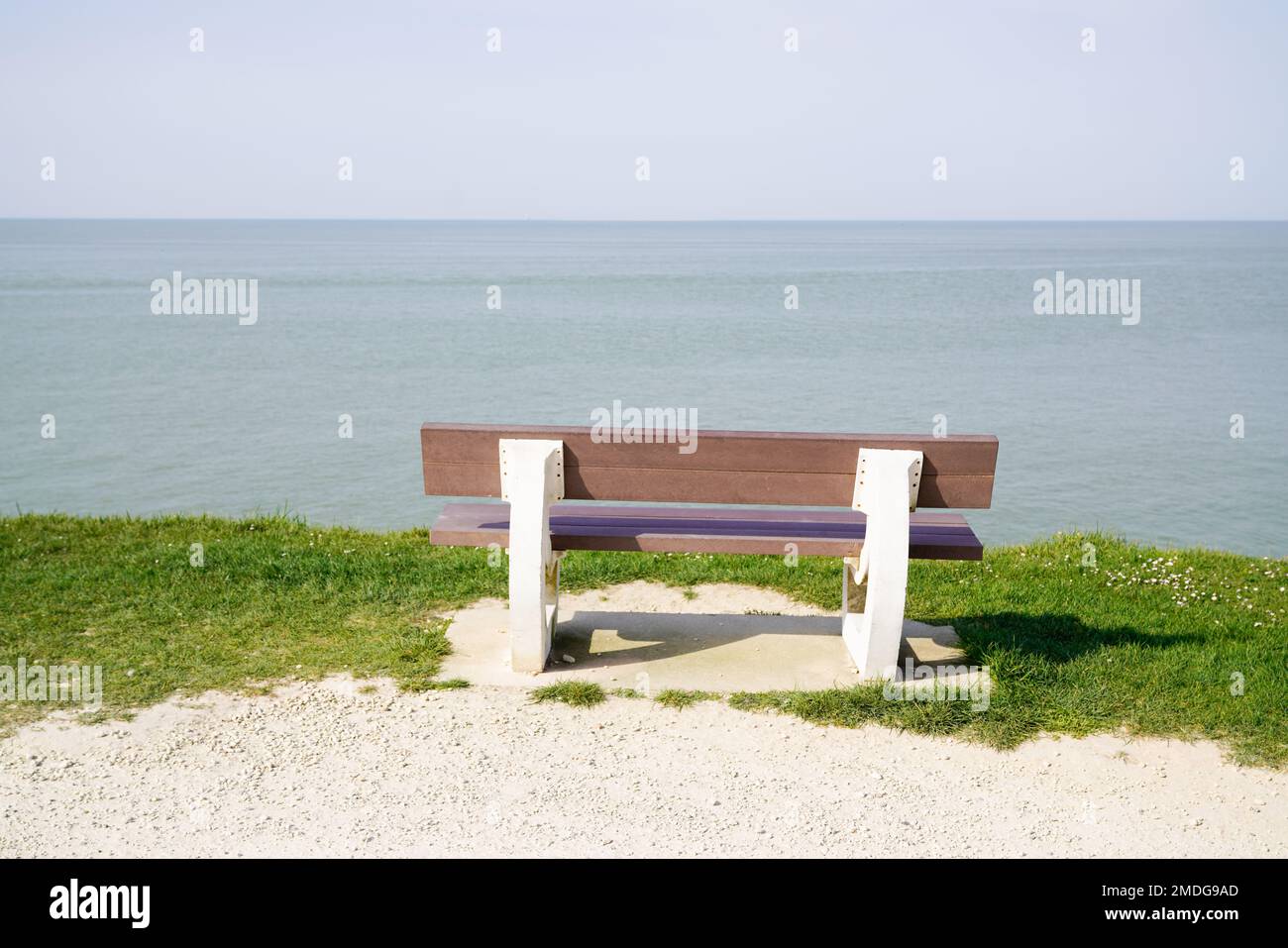 wooden bench back view in french bay of bassin Arcachon in cap ferret ...