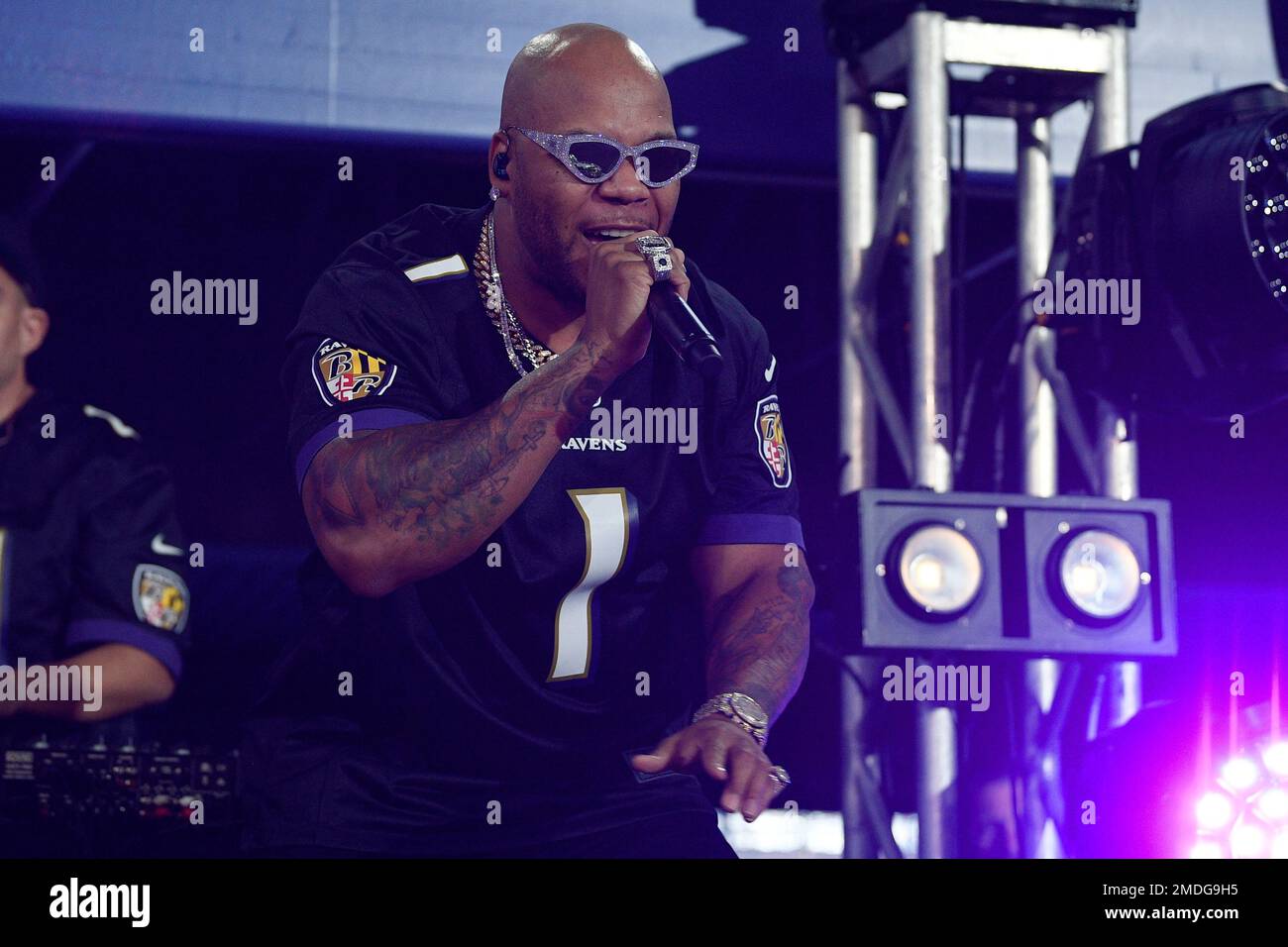 Flo Rida performs during halftime of an NFL football game between the ...