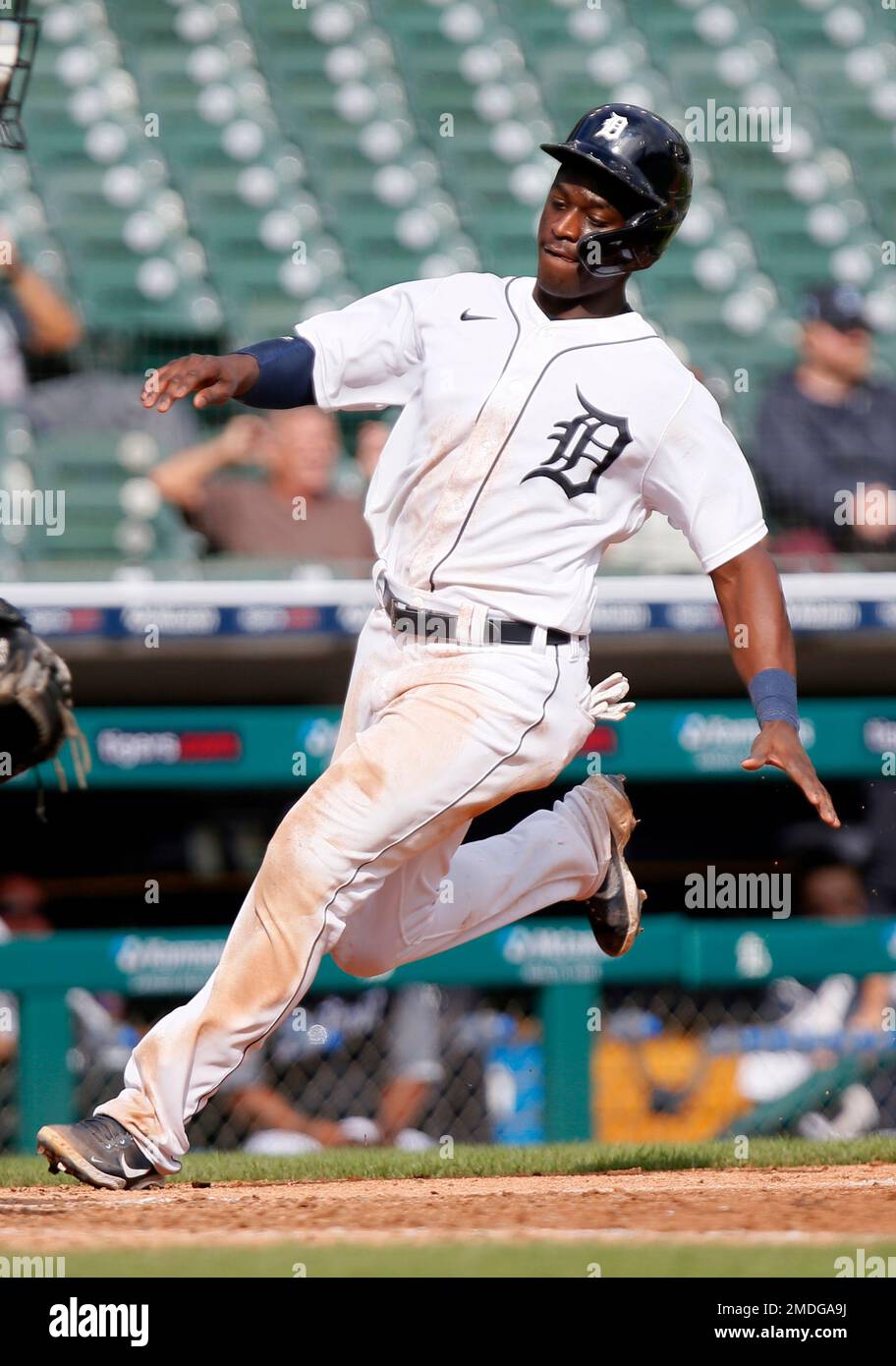 Detroit Tigers' Daz Cameron scores in the seventh inning to give the ...