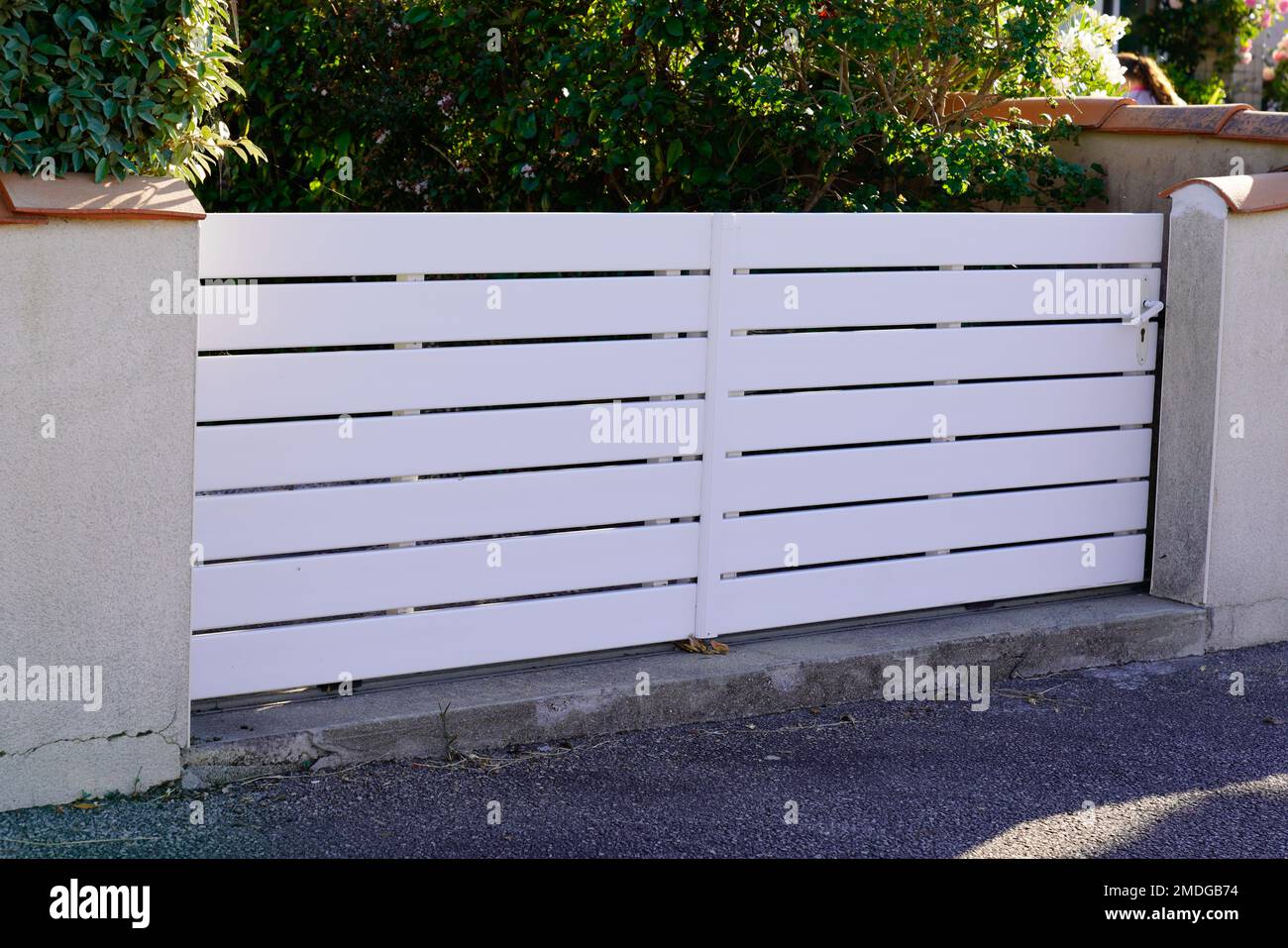 classic white pvc plastic home gate portal of suburbs house door in ...