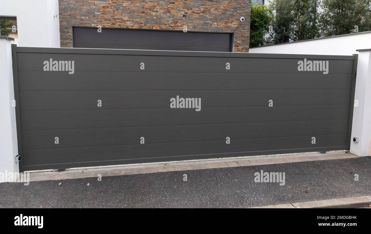 Aluminum large dark gray metal gate house portal black long door of ...