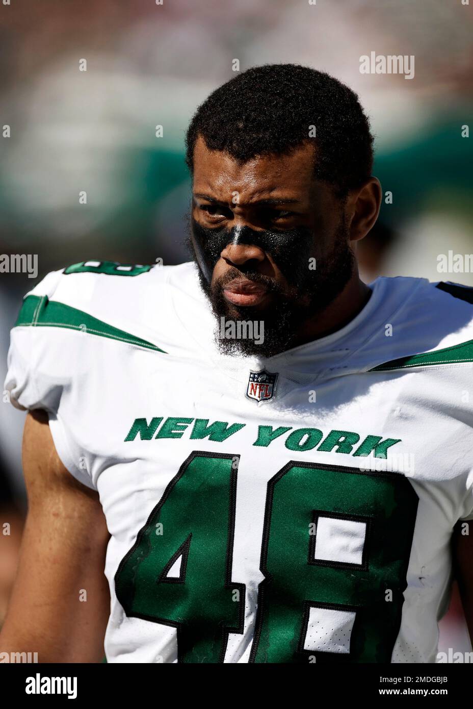 New York Jets middle linebacker B.J. Goodson (48) on the sideline ...