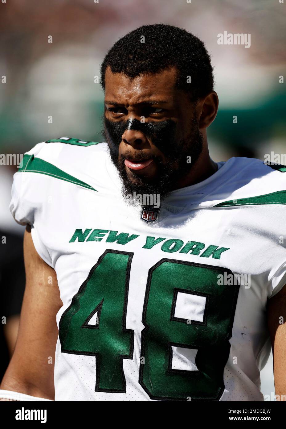New York Jets middle linebacker B.J. Goodson (48) on the sideline ...