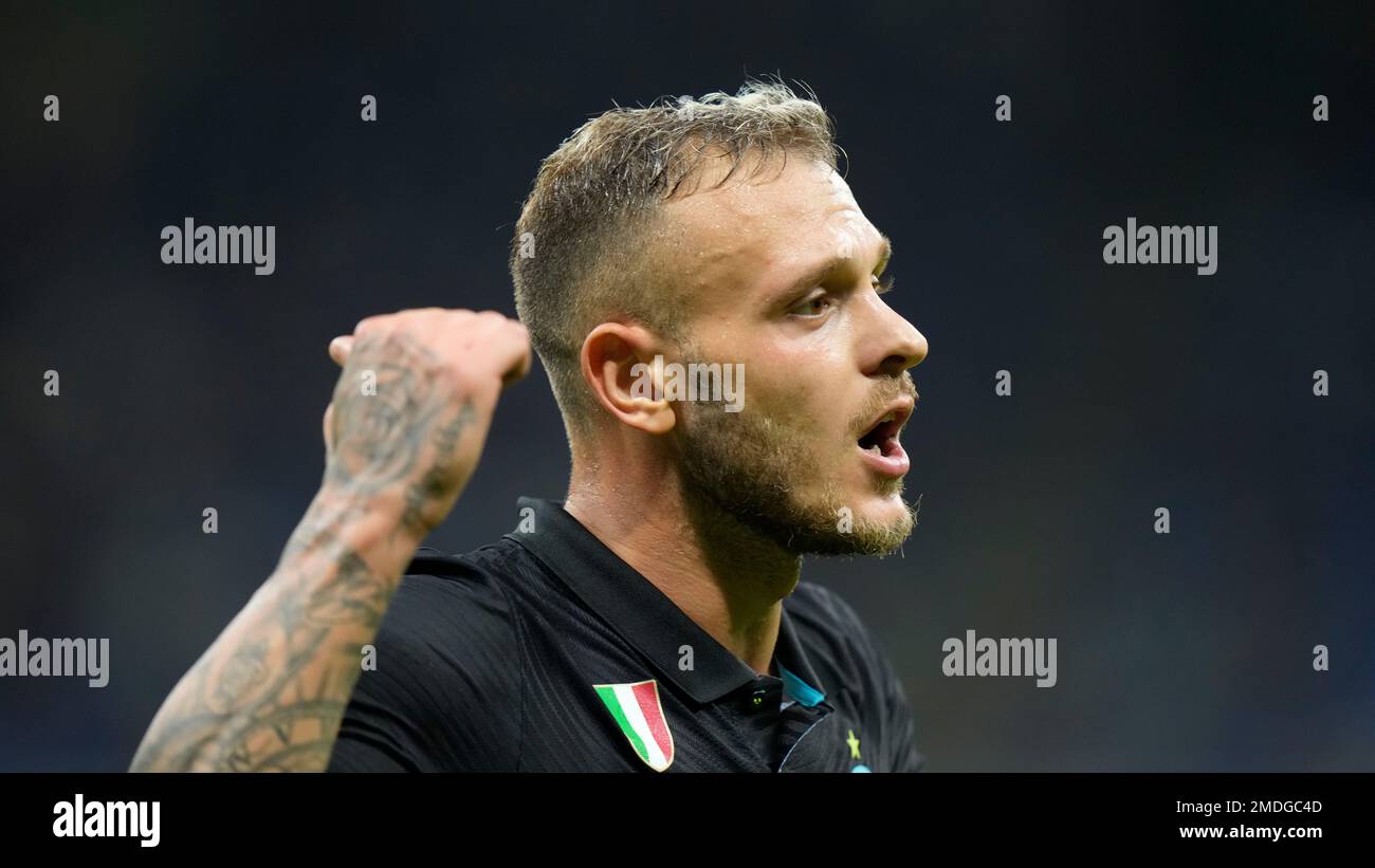 Inter Milan's Federico Dimarco gestures during a Serie A soccer match ...