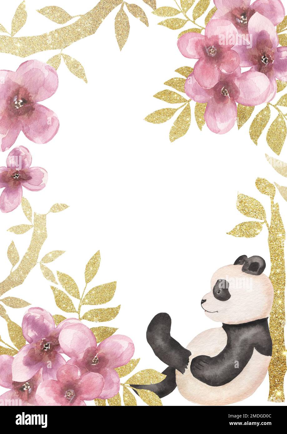 Panda with gold bamboo and pink flowers frame, panda surrounded by ...