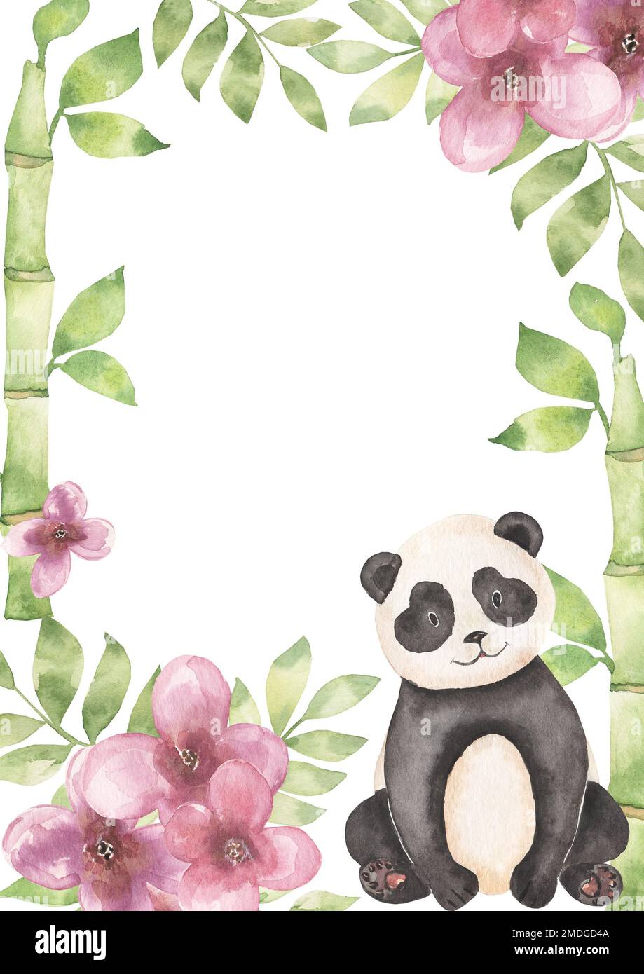Panda with green bamboo and pink flowers frame, panda surrounded by ...