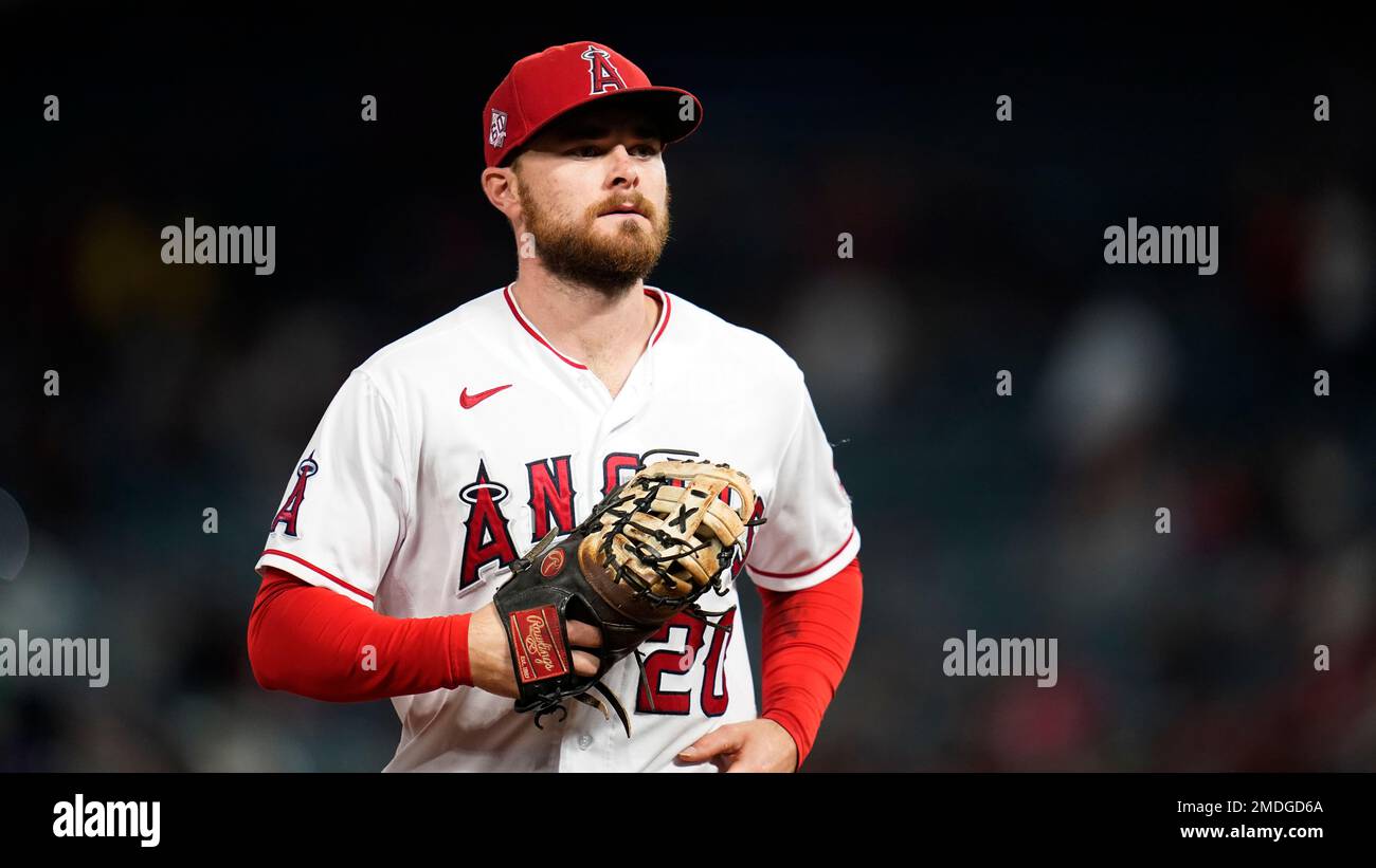 Los Angeles Angels first baseman Jared Walsh (20) walls to the dugout ...
