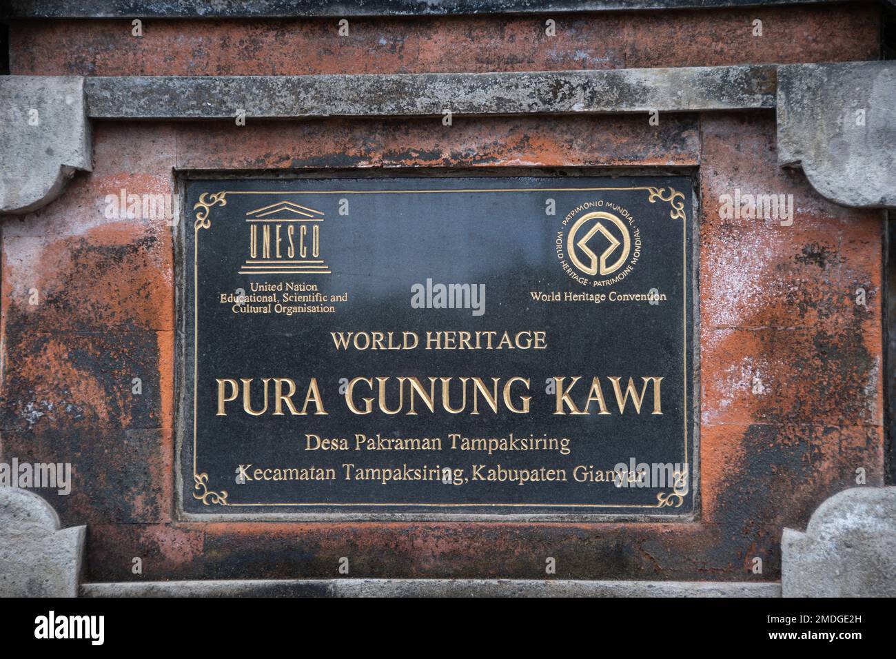 A Unesco sign by the World Heritage Site 'Pura Gunung Kawi' the Tombs ...