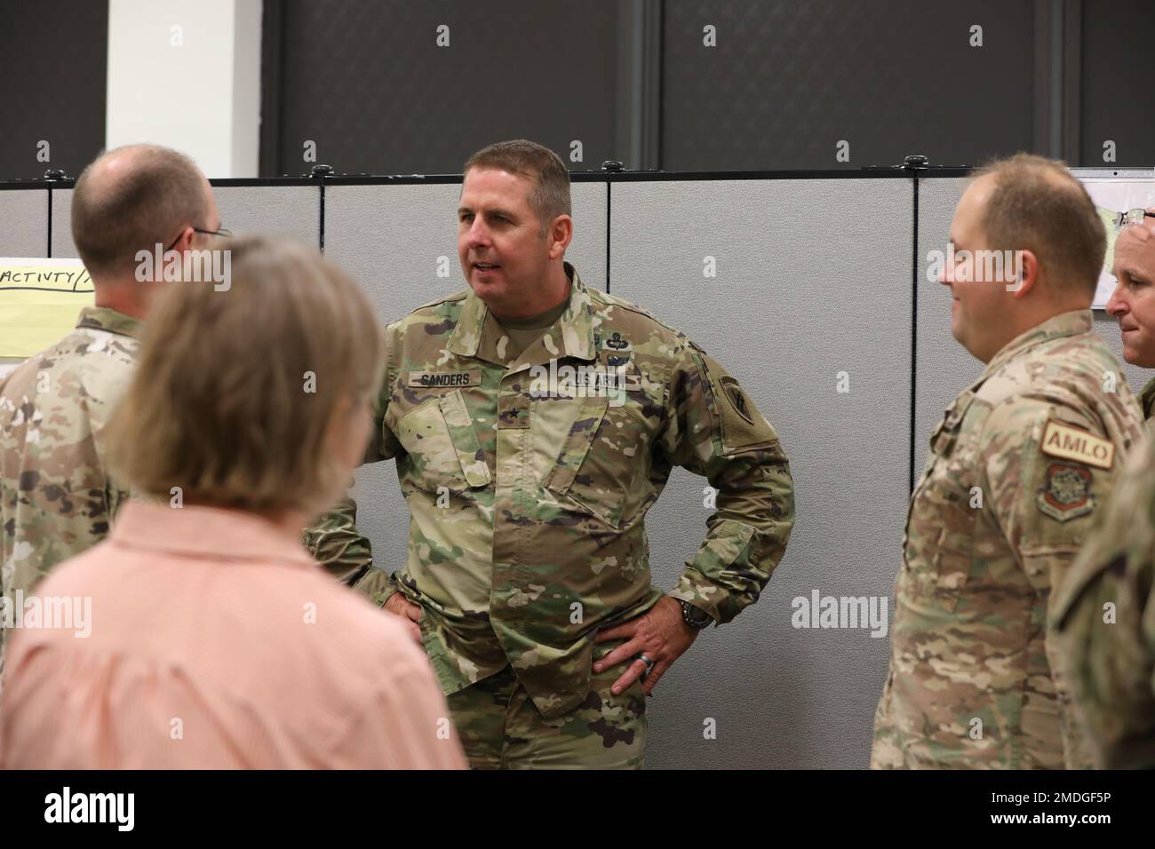 U.S. Army Reserve Brig. Gen. Paul Sanders, commander of 352nd Civil Affairs Command, talks with ...