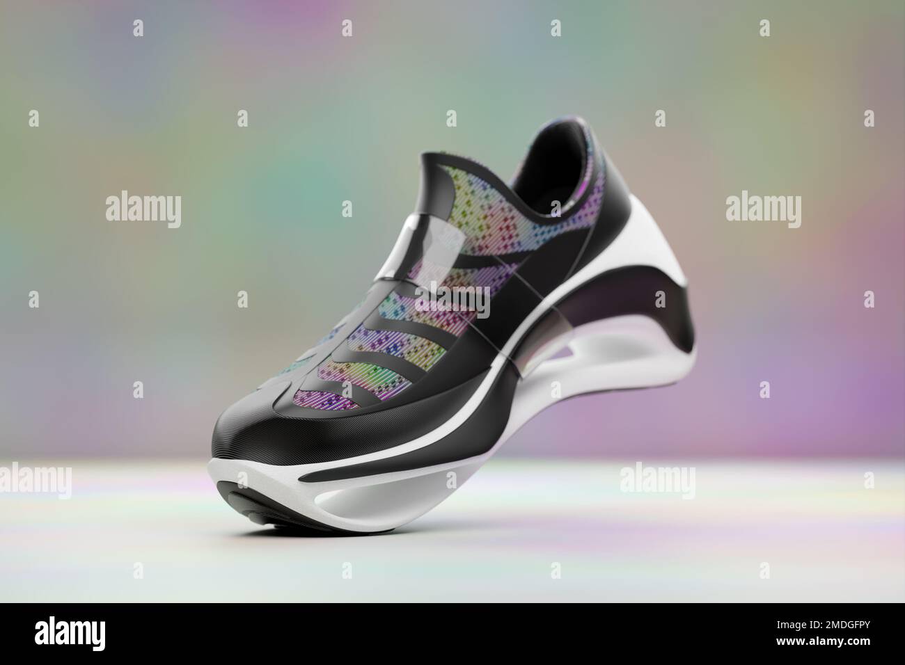 3D illustration of a concept shoe for the metaverse. Black sports boot ...