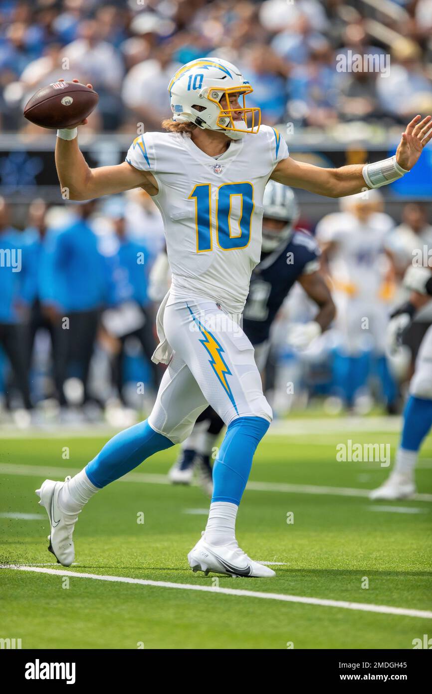 Quarterback (10) Justin Herbert of the Los Angeles Chargers passes the ...