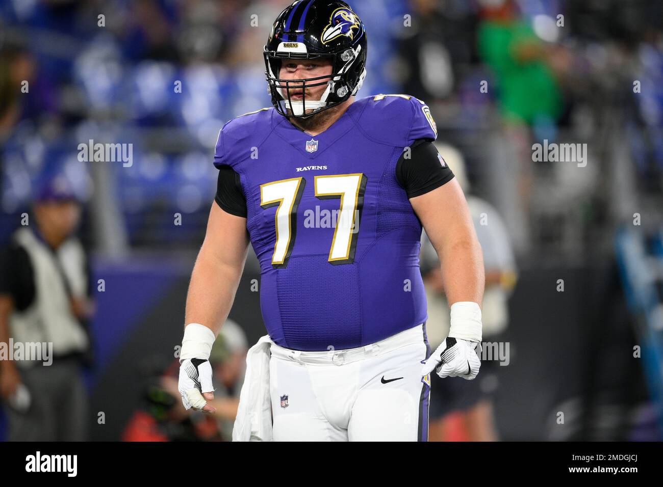 Baltimore Ravens guard Bradley Bozeman (77) looks on before an NFL ...