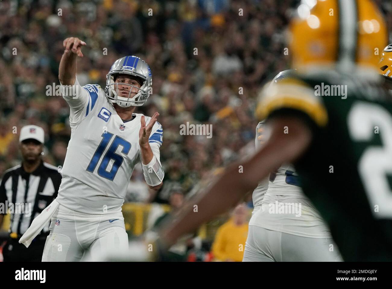 Detroit Lions' Jared Goff throws a touchdown pass during the first half ...