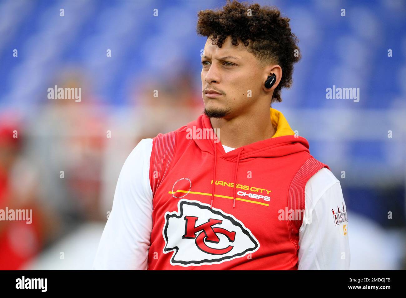 Kansas City Chiefs quarterback Patrick Mahomes looks on before an NFL ...