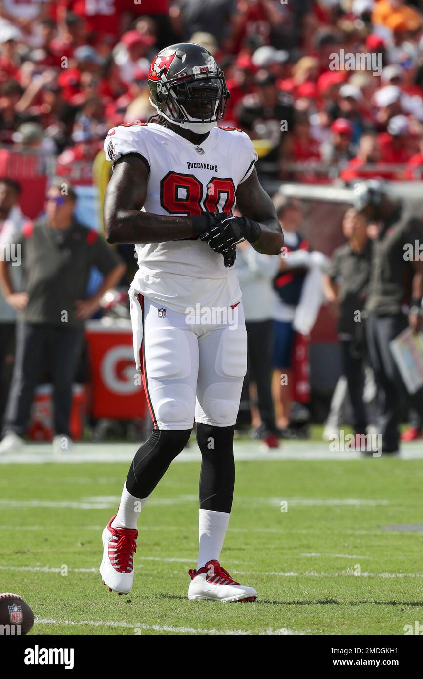 Tampa Bay Buccaneers linebacker Jason Pierre-Paul (90) sets up against ...