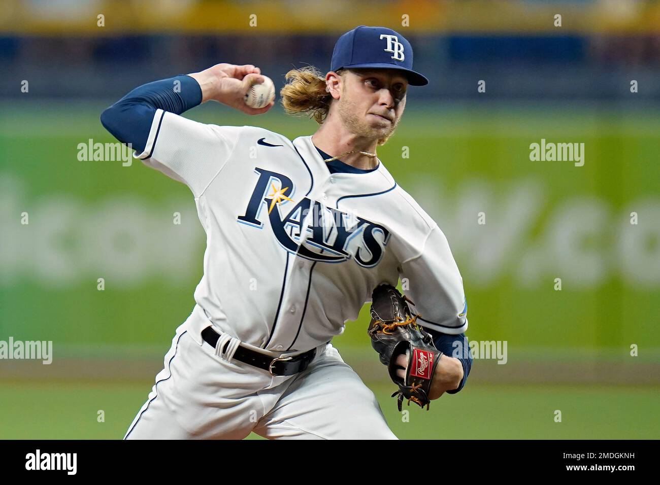 Tampa Bay Rays pitcher Shane Baz delivers to the Toronto Blue Jays ...