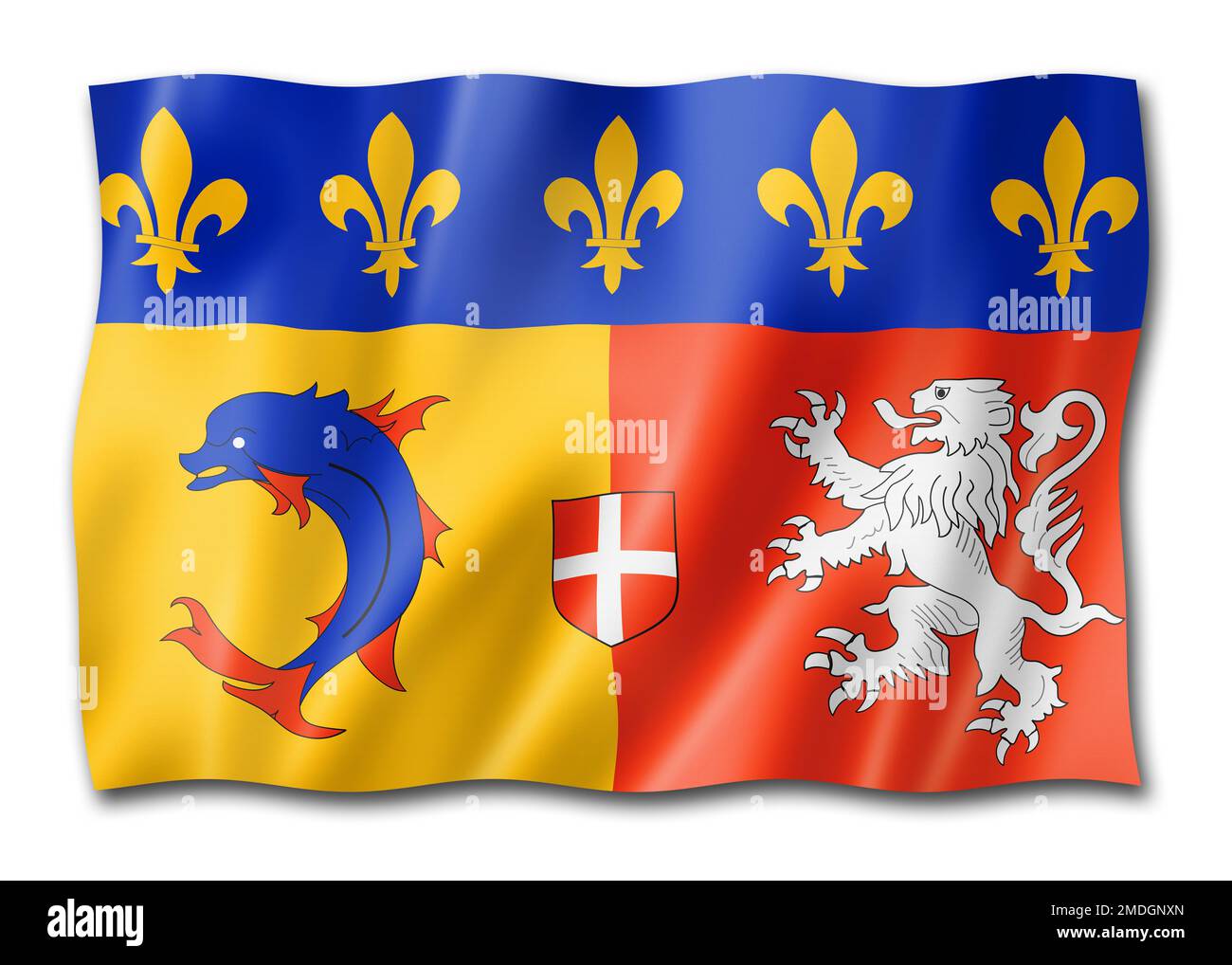 Rhone-Alpes Region flag, France waving banner collection. 3D ...