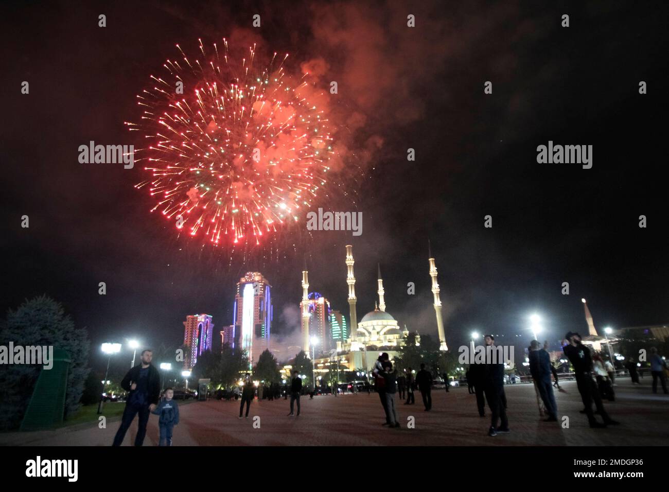 Fireworks explode as Chechen people celebrate tje re-election of ...