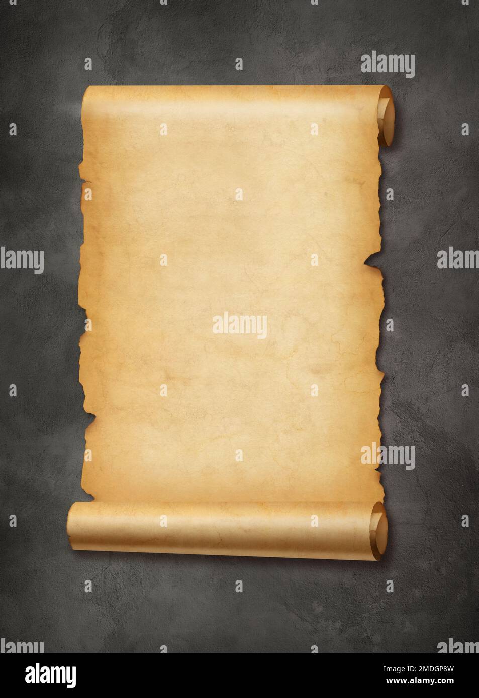 Old mediaeval paper sheet. Parchment scroll isolated on a concrete wall ...