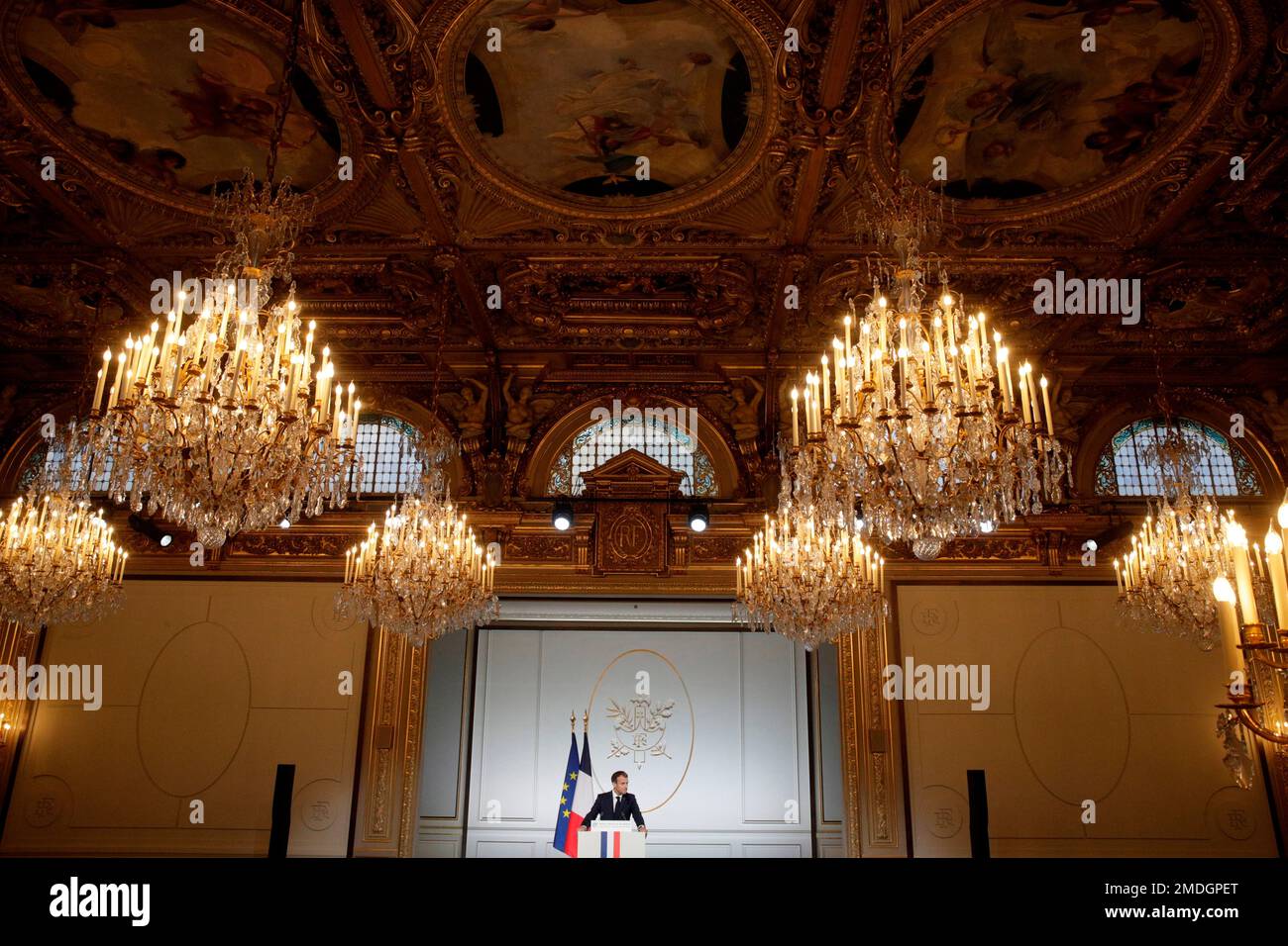 French President Emmanuel Macron, delivers a speech during a collective ...