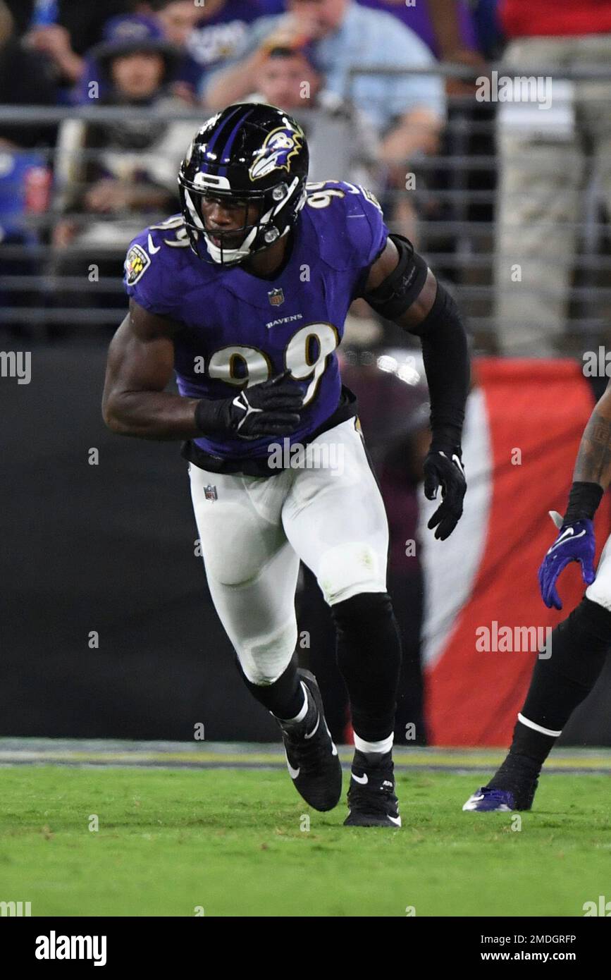 Baltimore Ravens linebacker Odafe Oweh (99) in action during the first ...