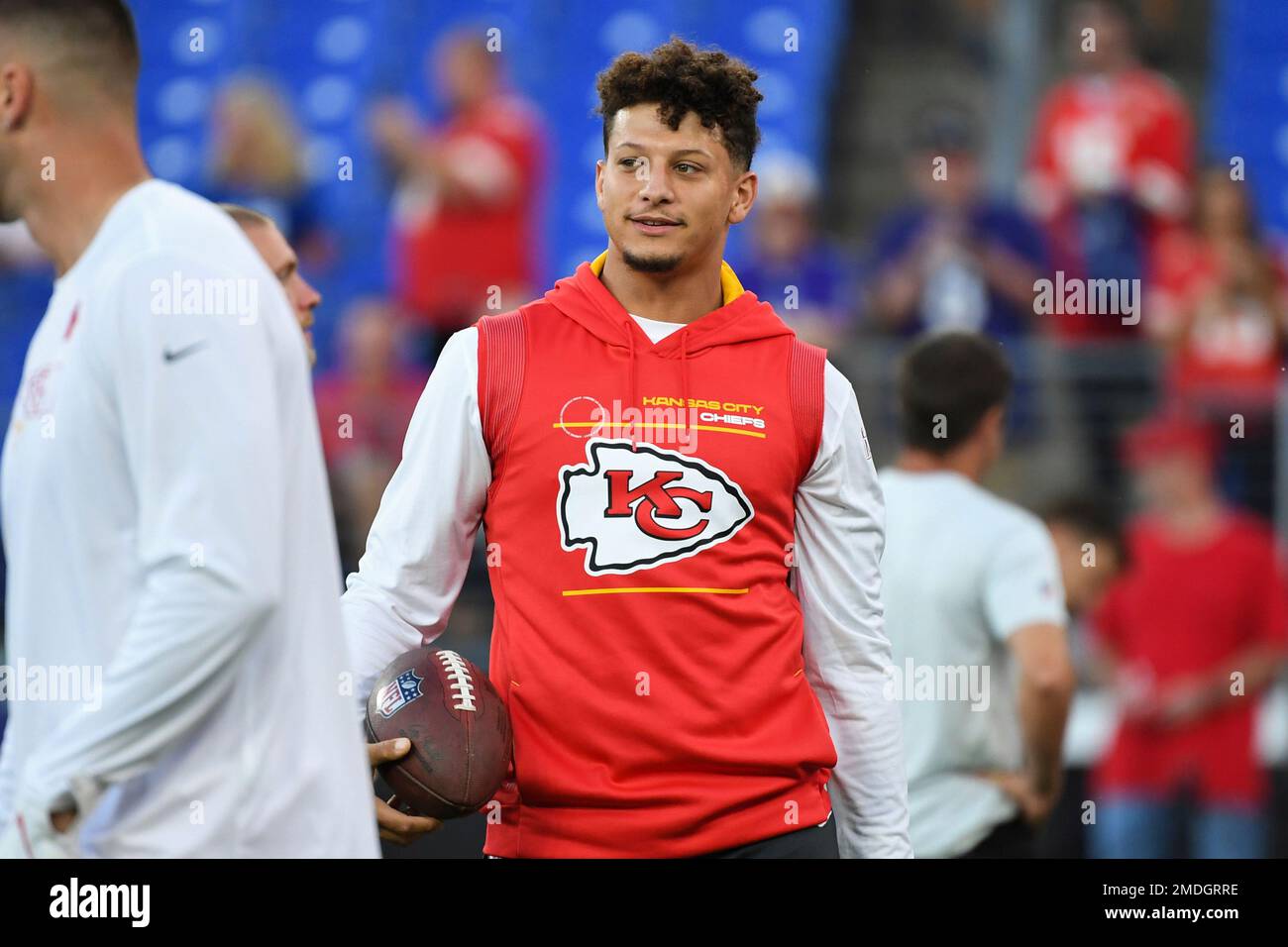 Kansas City Chiefs quarterback Patrick Mahomes looks on during pre-game ...