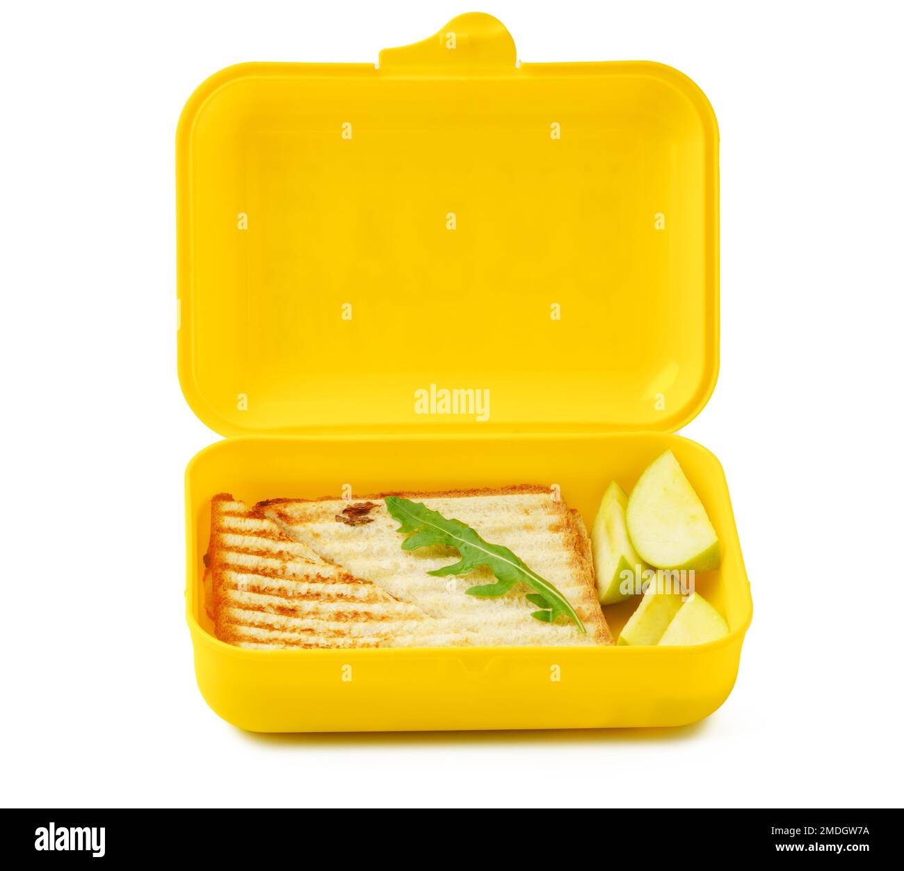 Grilled sandwich in yellow plastic lunchbox isolated on white Stock ...