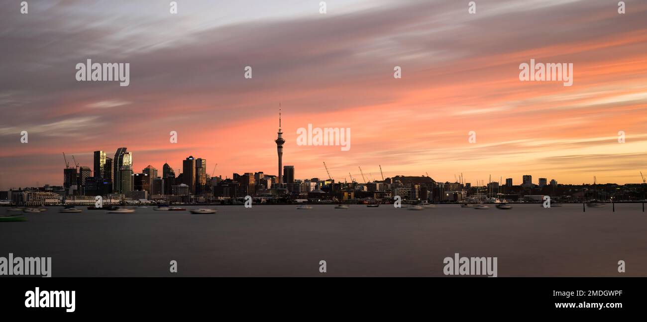 Panorama view of Skytower and Auckland city at sunset Stock Photo - Alamy
