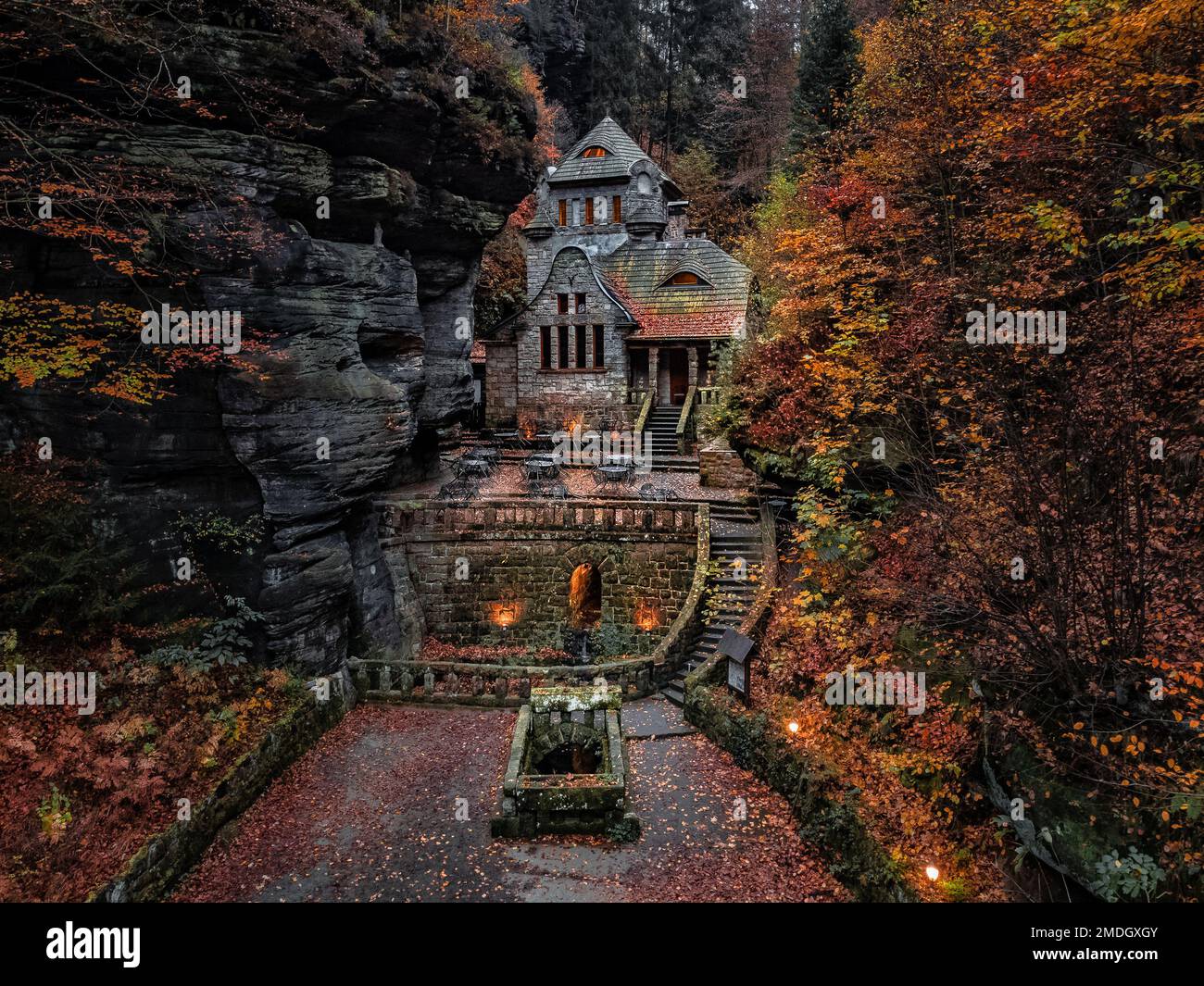 Hresko, Czech Republic - Aerial view of a lovely stone cottage in the ...