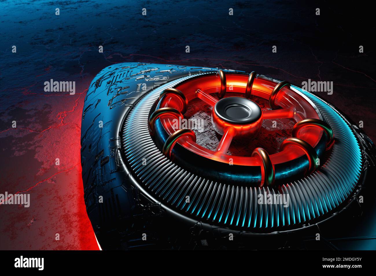 3D rendering future engine rocket turbine technology under blue and ...