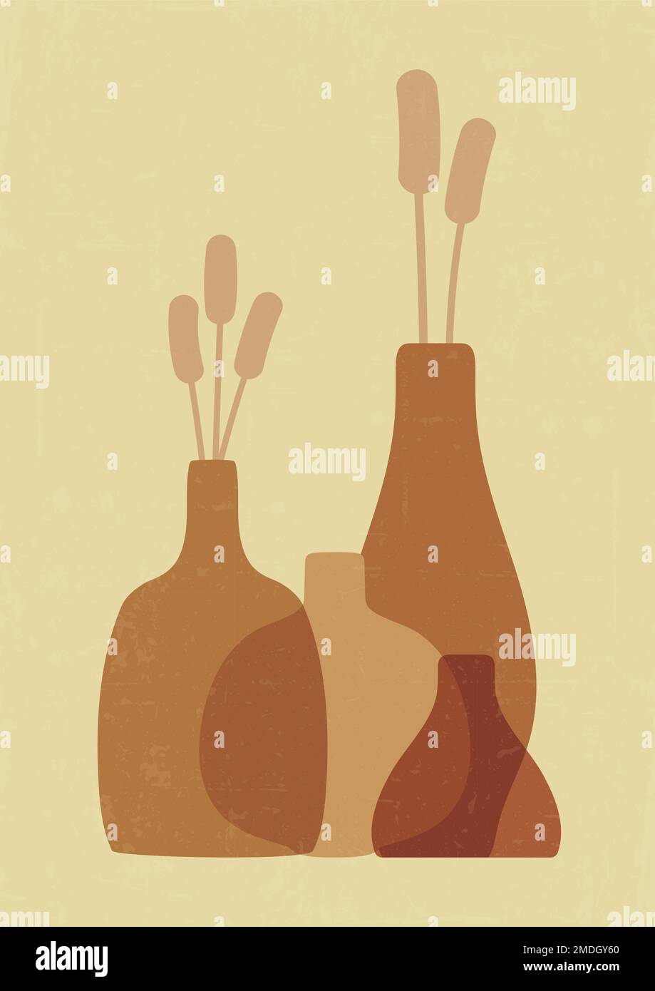 Aesthetic illustration with plant branches and abstract vases ...