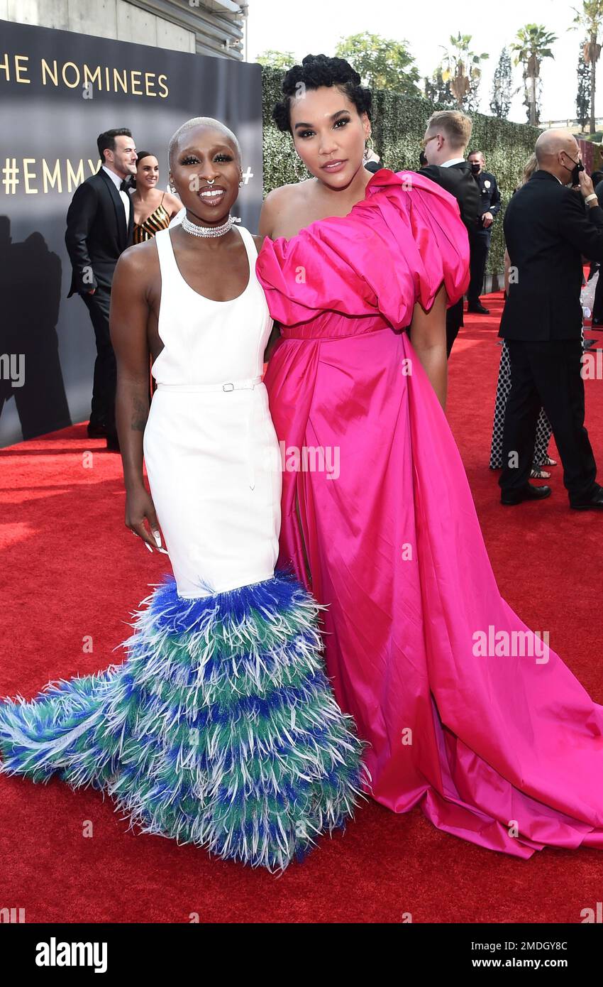 Cynthia Erivo and Emmy Raver-Lampman arrive at the 73rd Emmy Awards at ...