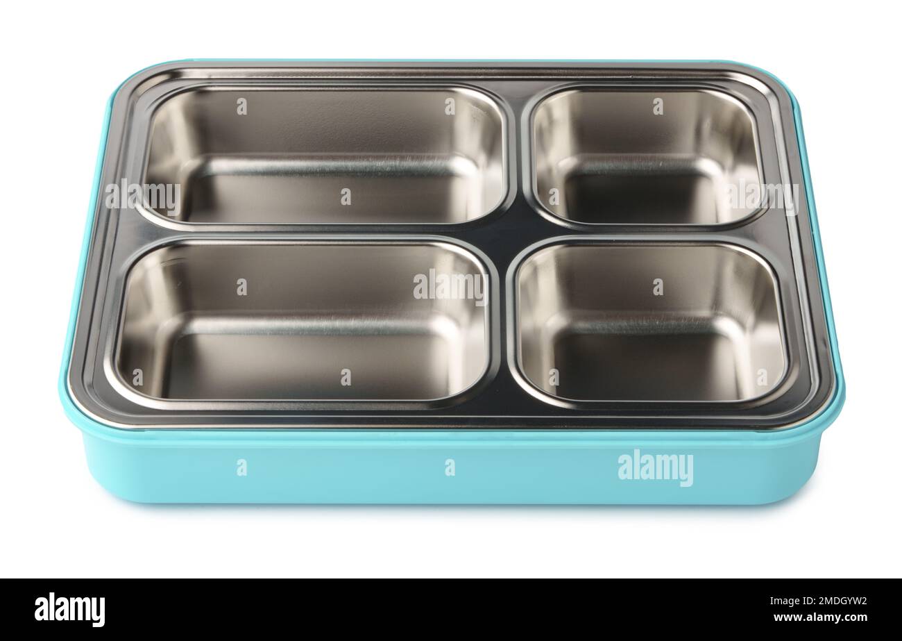 Empty lunch box with metal compartments isolated on white background ...