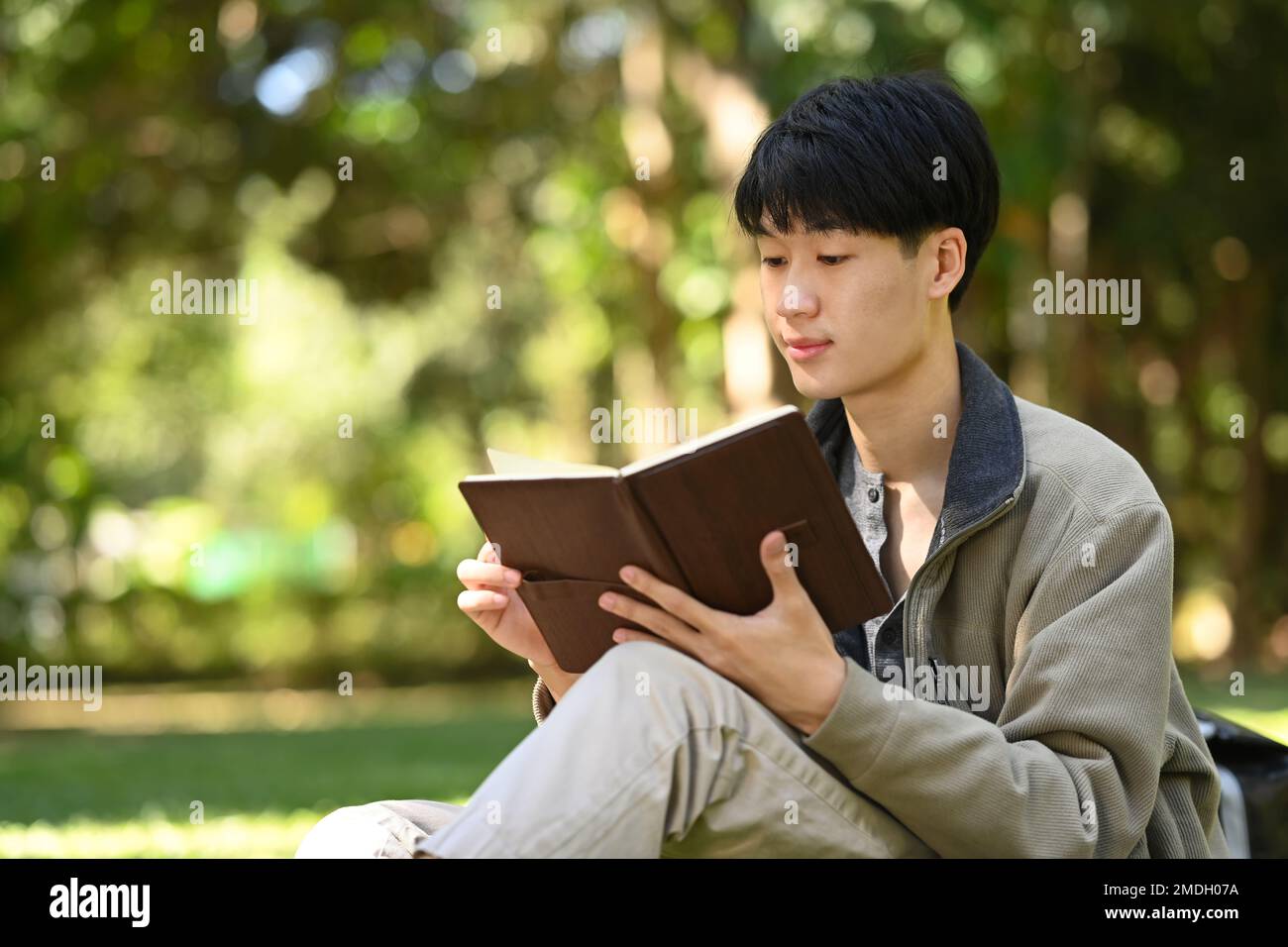 Image of calm asian college student reading books against beautiful ...