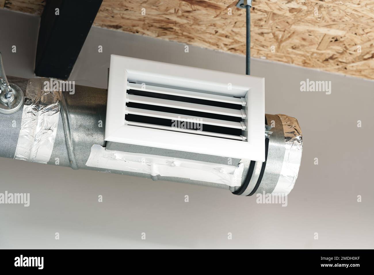 Silver ventilation pipes hanging from the ceiling inside the building ...