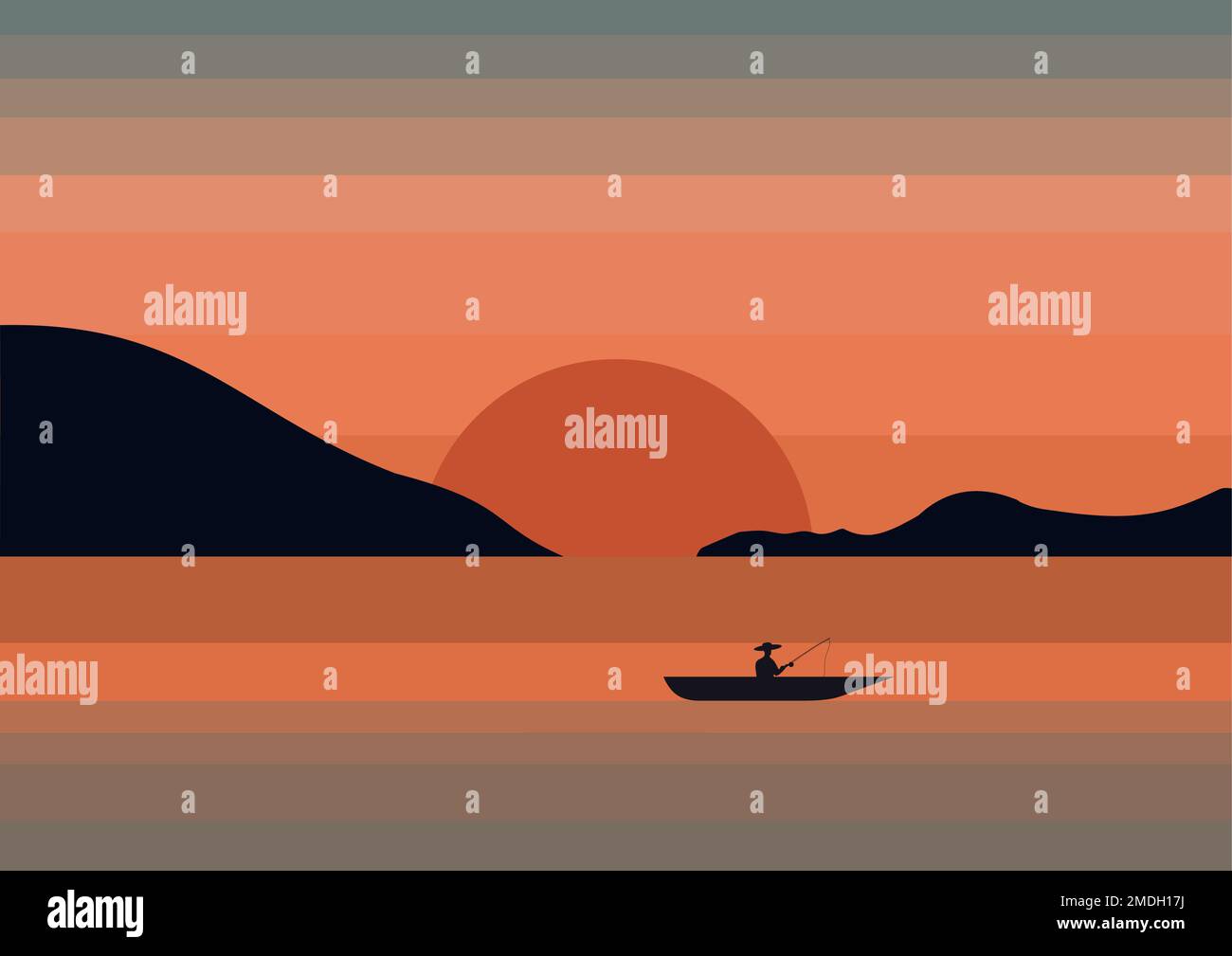 Sea sunset minimalist aesthetic illustration poster. Fisher on colorful ...