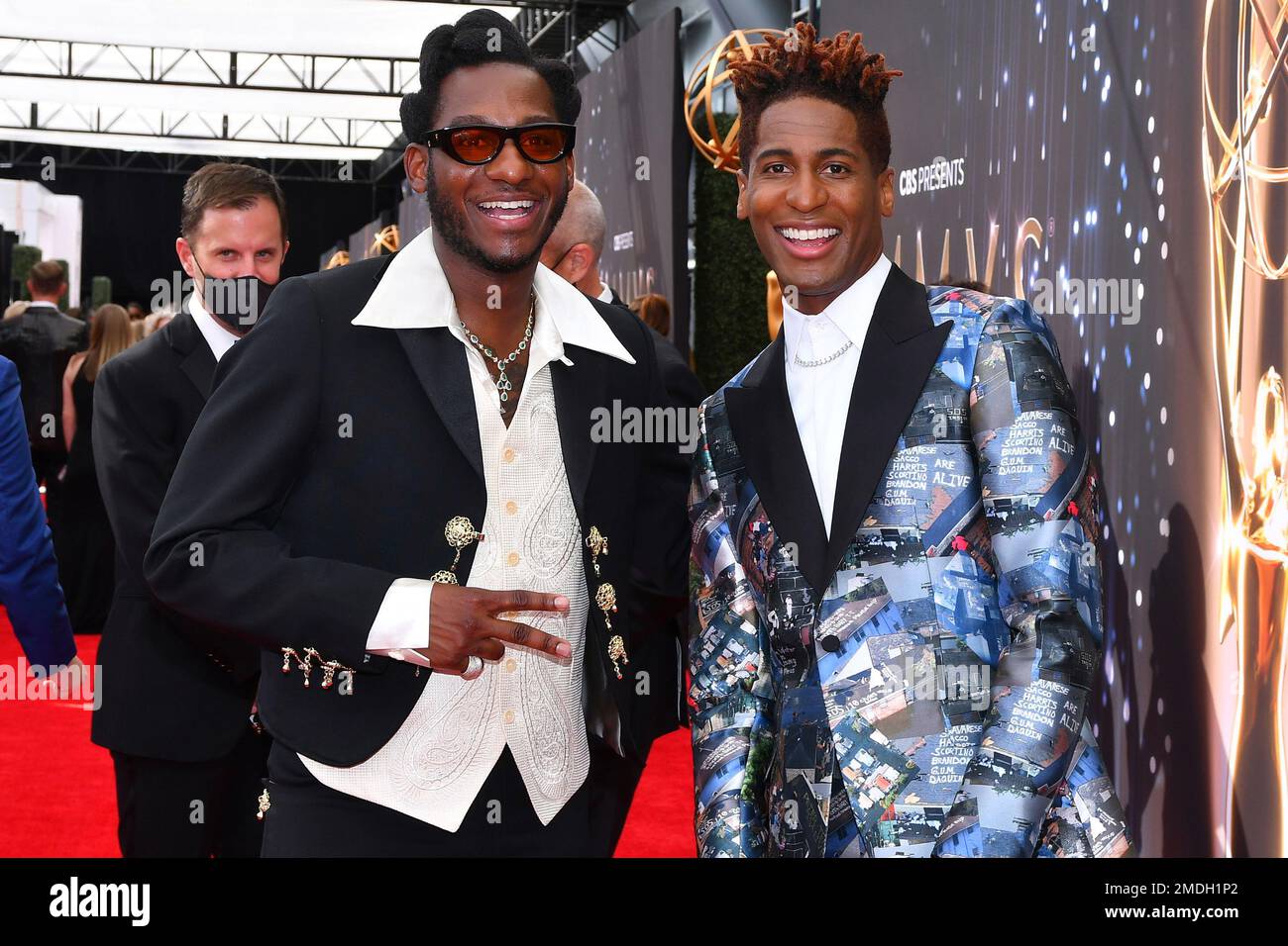 Leon Bridges, left, and Jon Batiste arrive at the 73rd Emmy Awards at ...