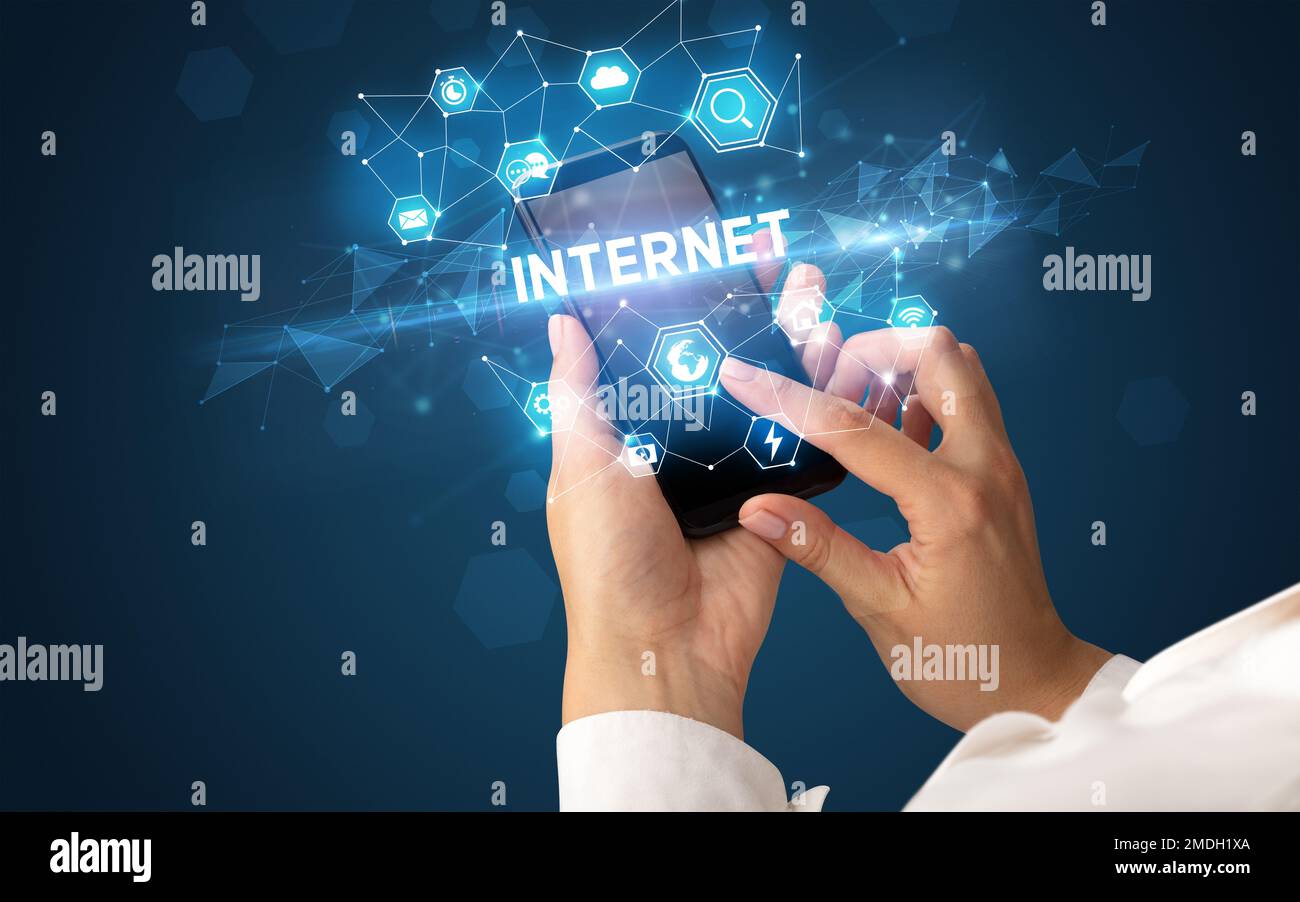 Hand using smartphone with technology concept Stock Photo - Alamy