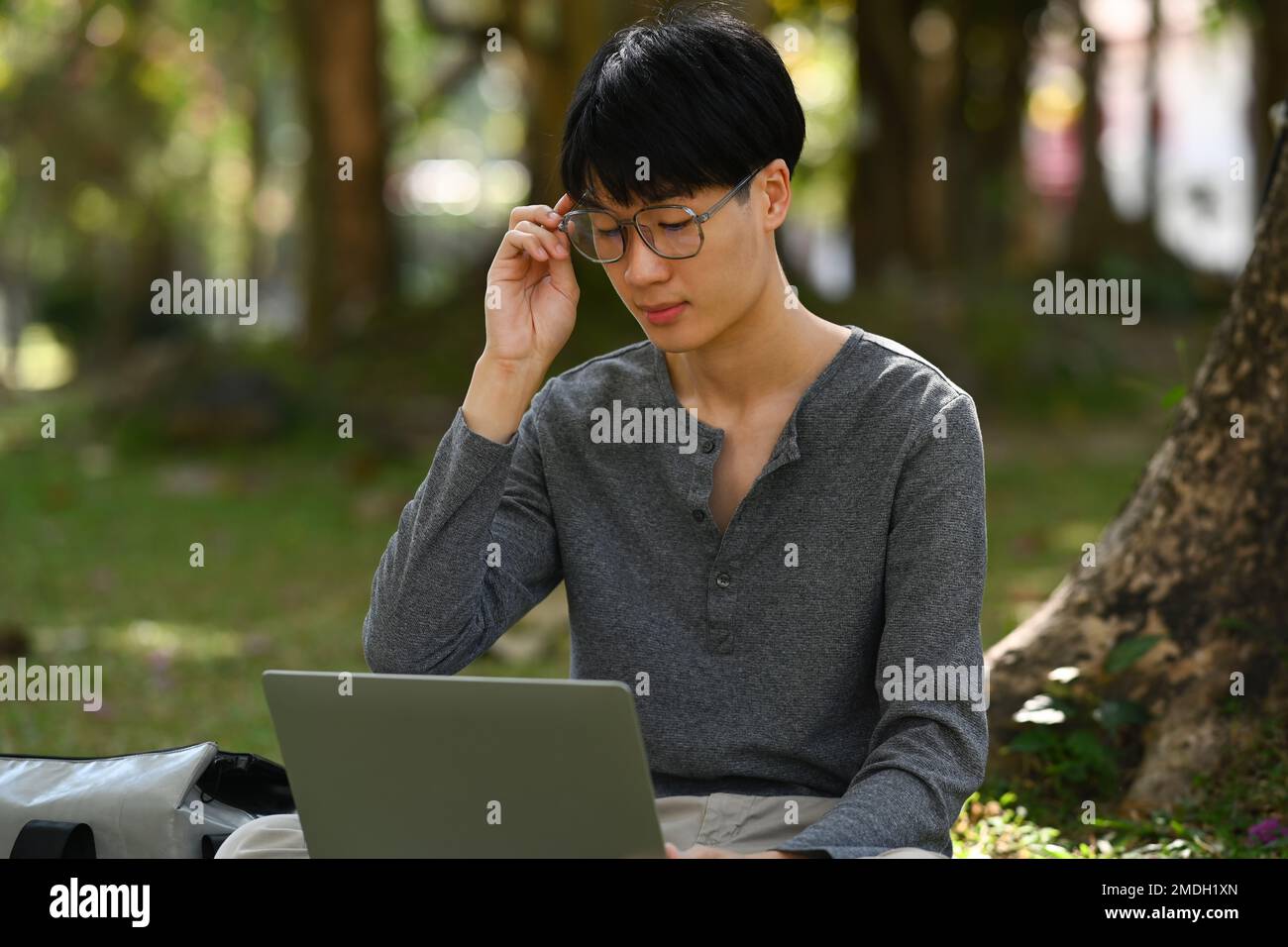Smart asian student man doing homework, using laptop against calm ...