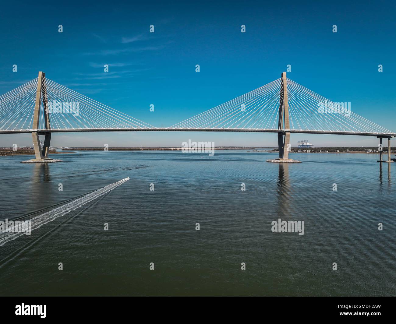 An aerial view of The Arthur Ravenel Jr. Bridge over river Stock Photo ...