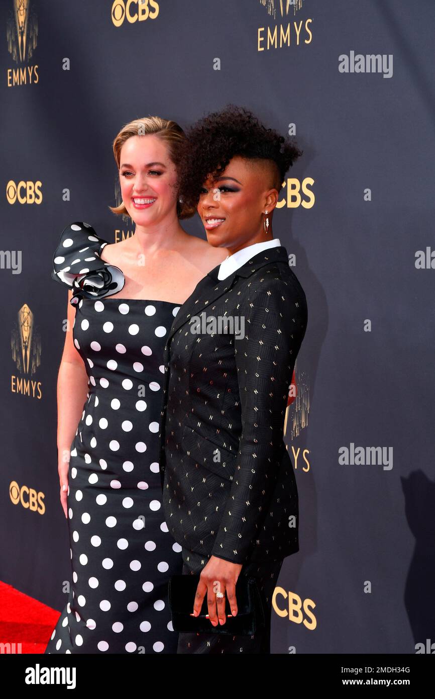 Lauren Morelli, left and Samira Wiley arrive at the 73rd Emmy Awards at the JW Marriott on ...