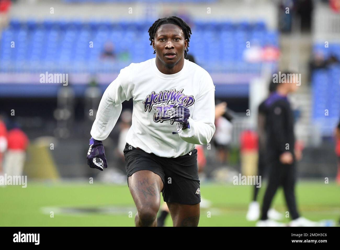 Baltimore Ravens wide receiver Marquise Brown runs during pre-game warm ...