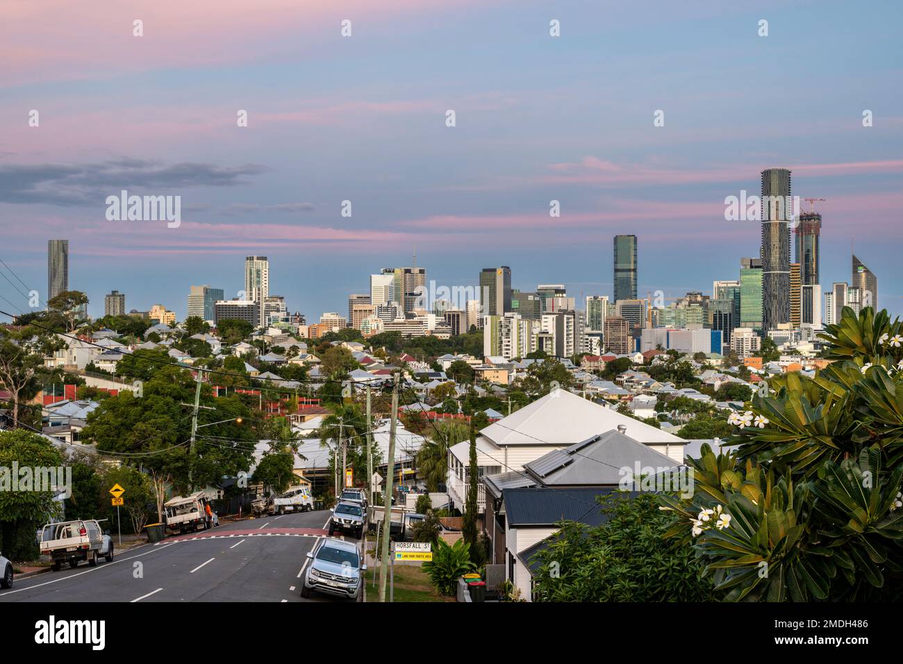 Shades of pink as the sun sets over a picture perfect Brisbane city ...