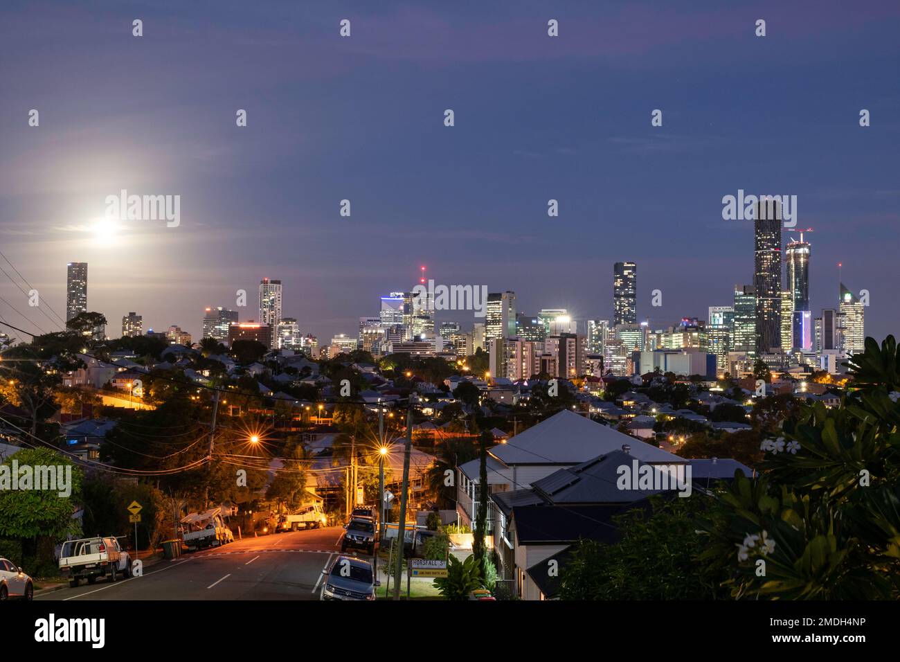 Moon light over the Brisbane skyline in Queensland, Australia Stock ...