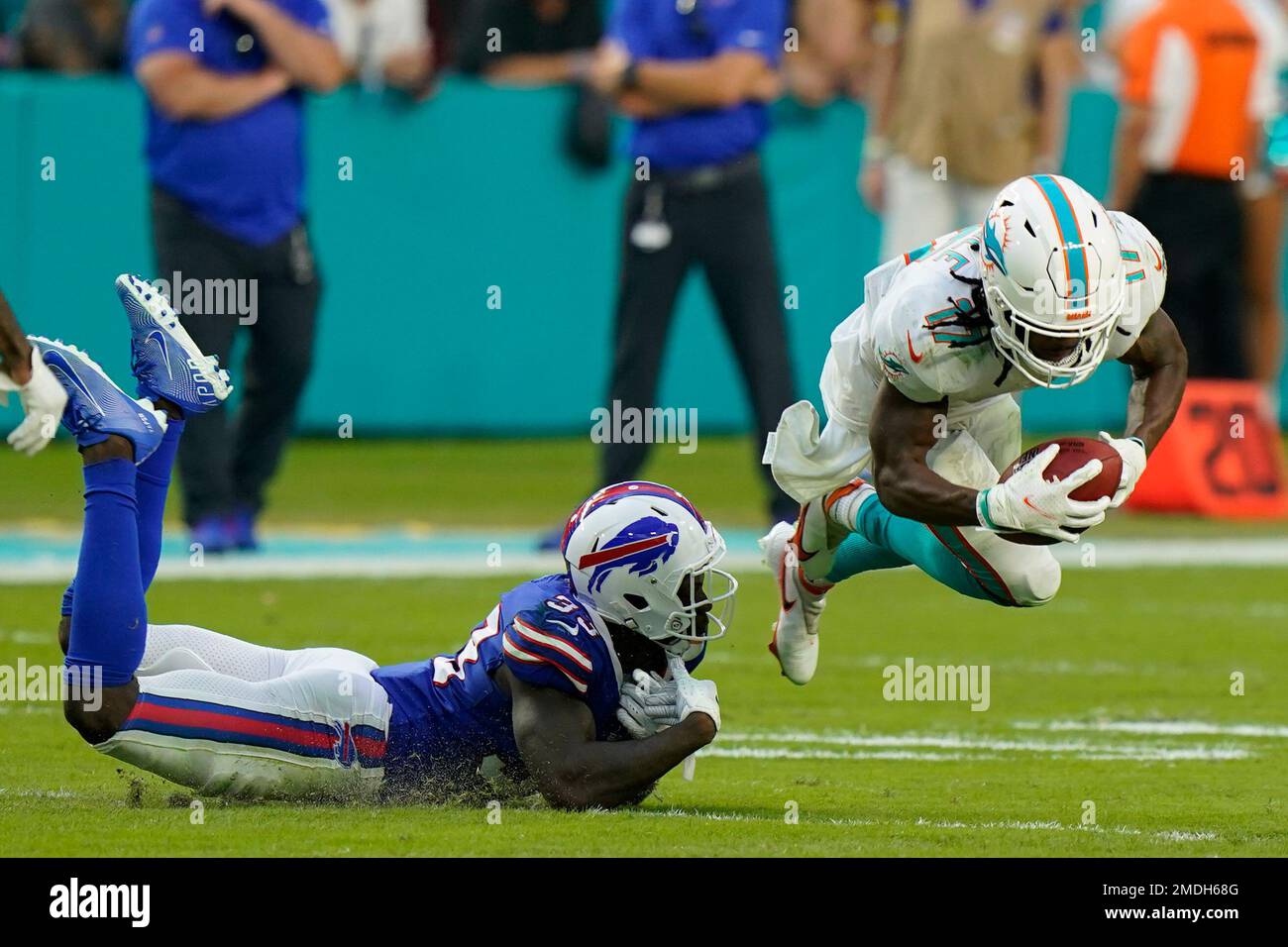 Miami Dolphins wide receiver Jaylen Waddle (17) goes flying as Buffalo ...