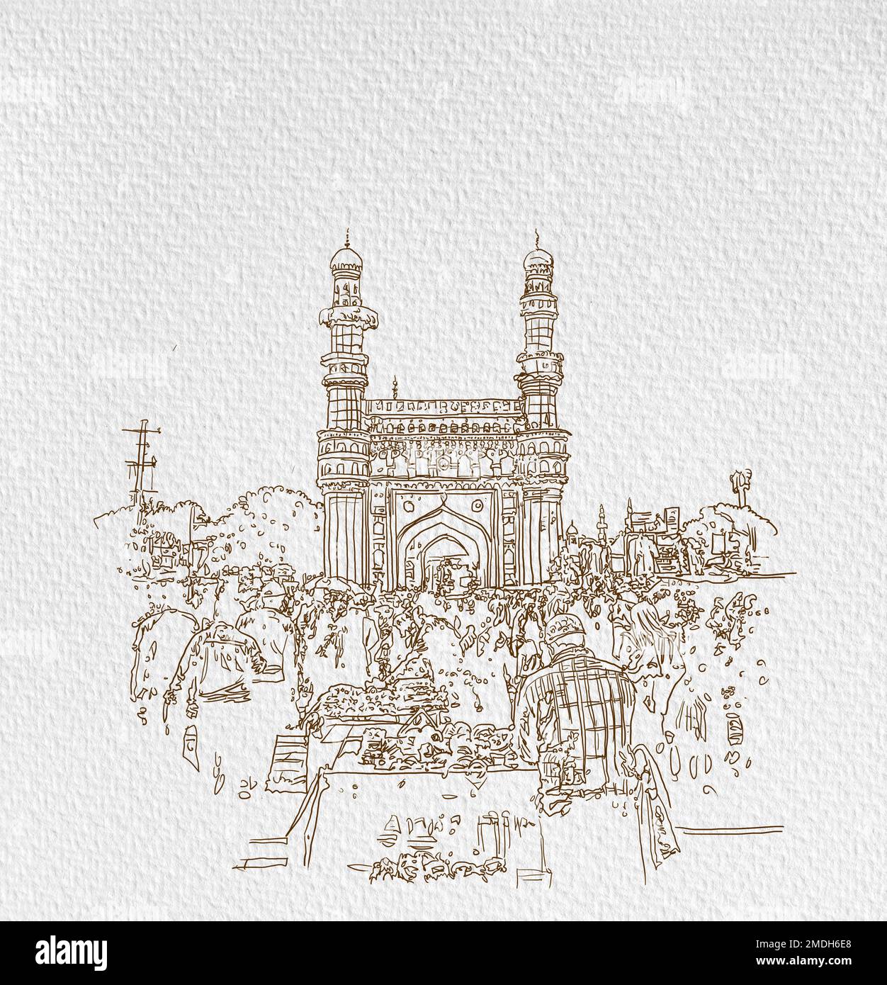 Charminar Hyderabad India, illustration or sketch, hand drawn ...